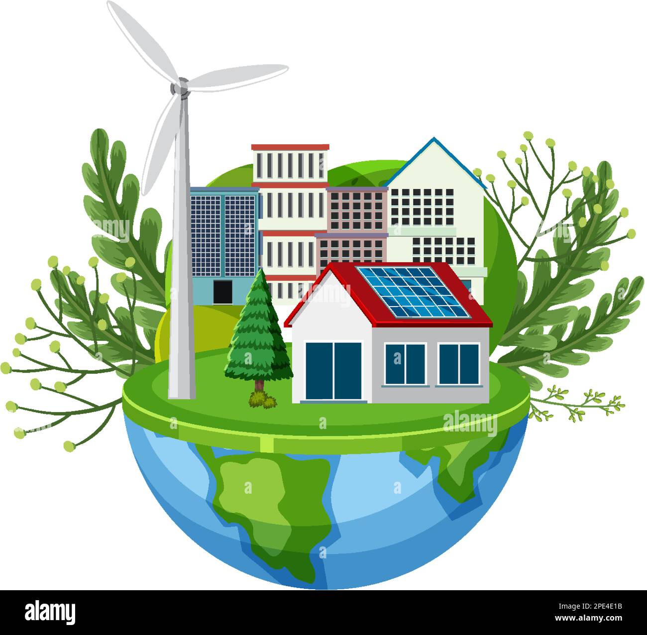 A house with solar panels and wind turbines illustration Stock Vector ...