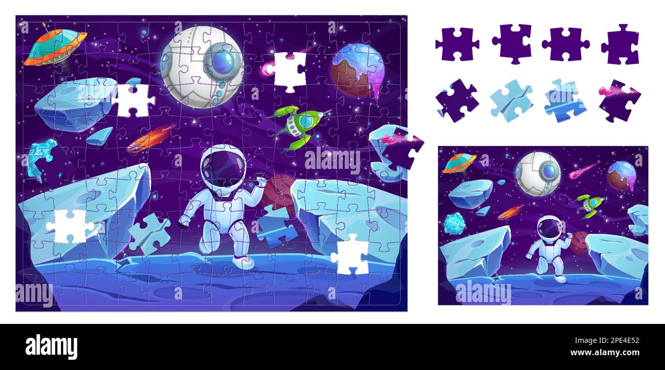 Space landscape and astronaut, jigsaw puzzle game pieces, vector kids ...