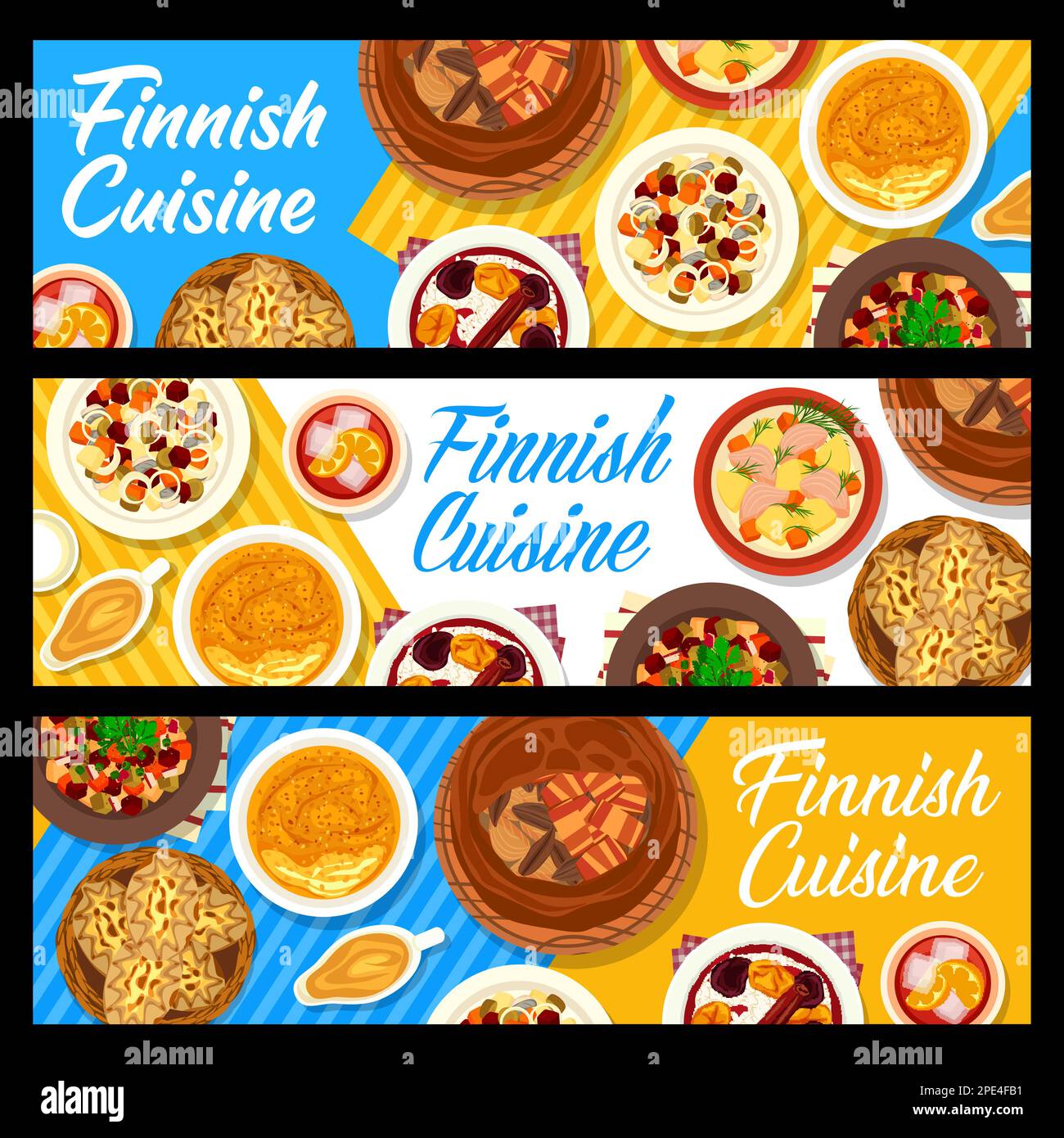Finnish cuisine restaurant food banners. Rice pudding with fruit soup ...