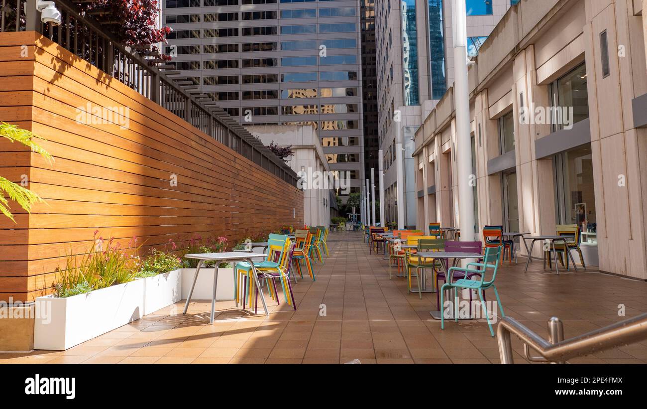 Empty street pavement cafe restaurant with tables and chairs furniture ...