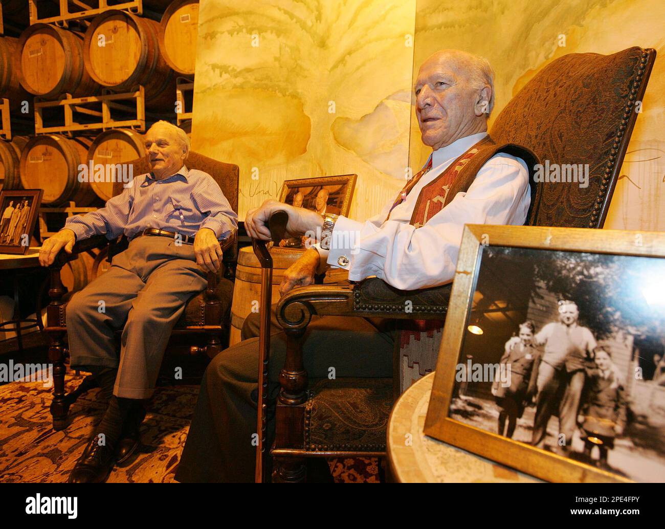Peter Mondavi, left, and his brother Robert Mondavi, right, sit ...
