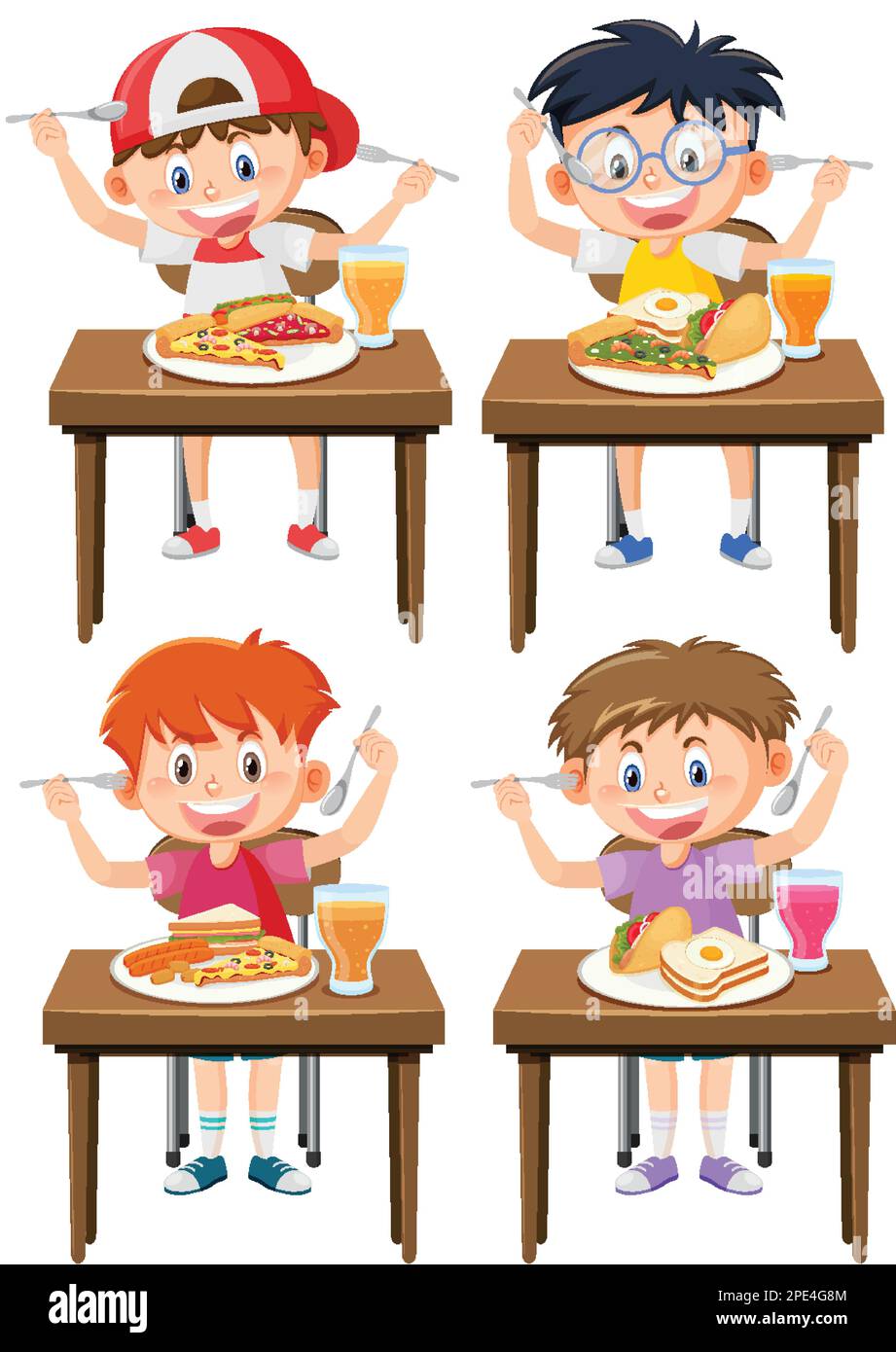 Set of children cartoon eating food on the table illustration Stock ...
