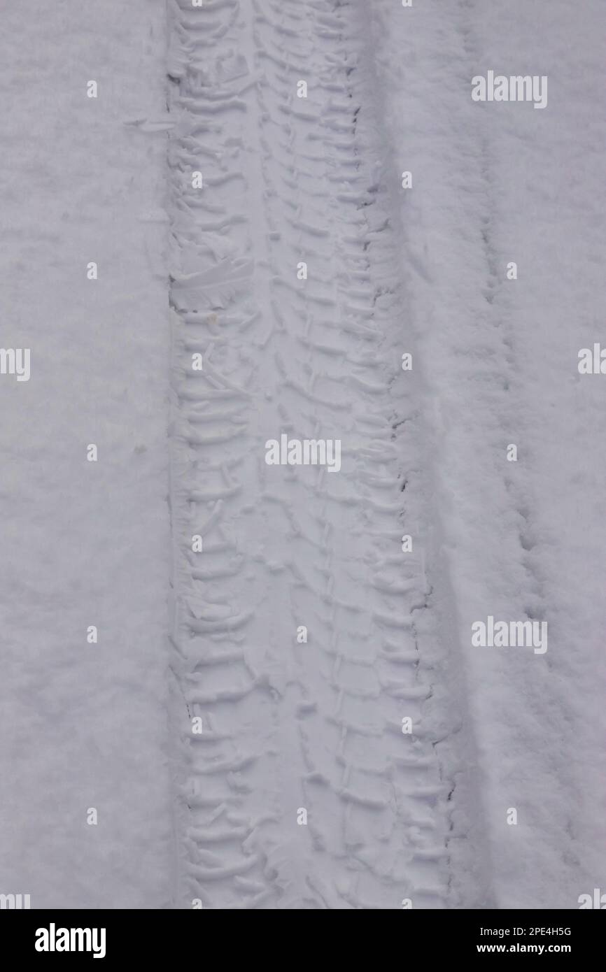 Winter trail from a car wheel in the snow, close-up Stock Photo - Alamy