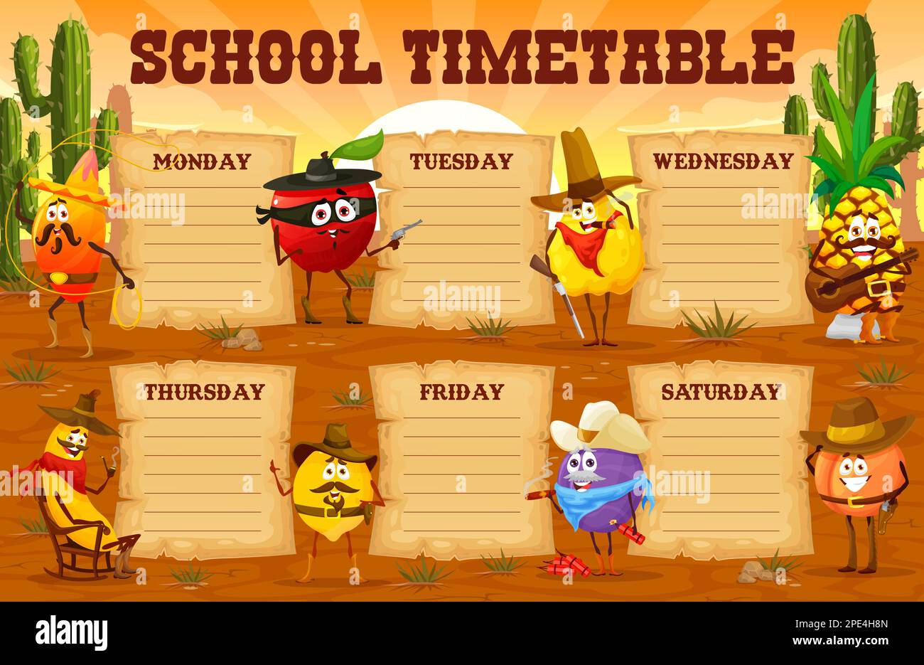 Timetable schedule, cartoon fruit cowboy, ranger, sheriff and robber ...