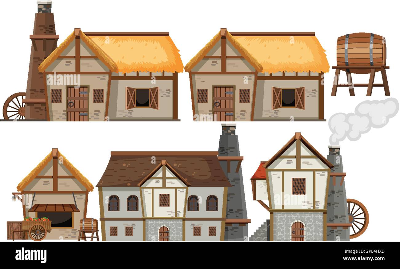 Set of medieval house and object cartoon illustration Stock Vector ...