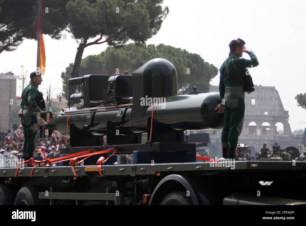 With the ancient Colosseum in the background, a World War II submarine ...