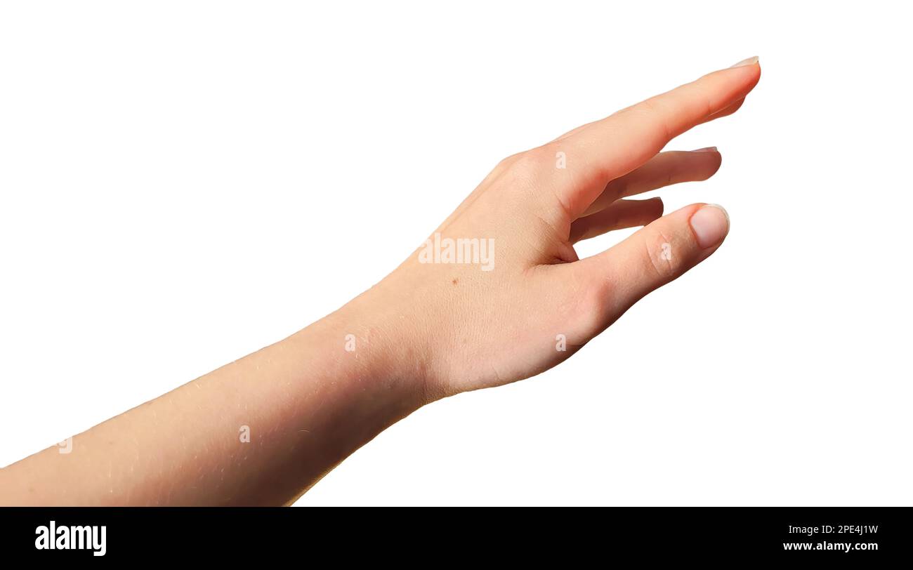 Woman hand reaching for something. Hand gesture. Isolated on white ...