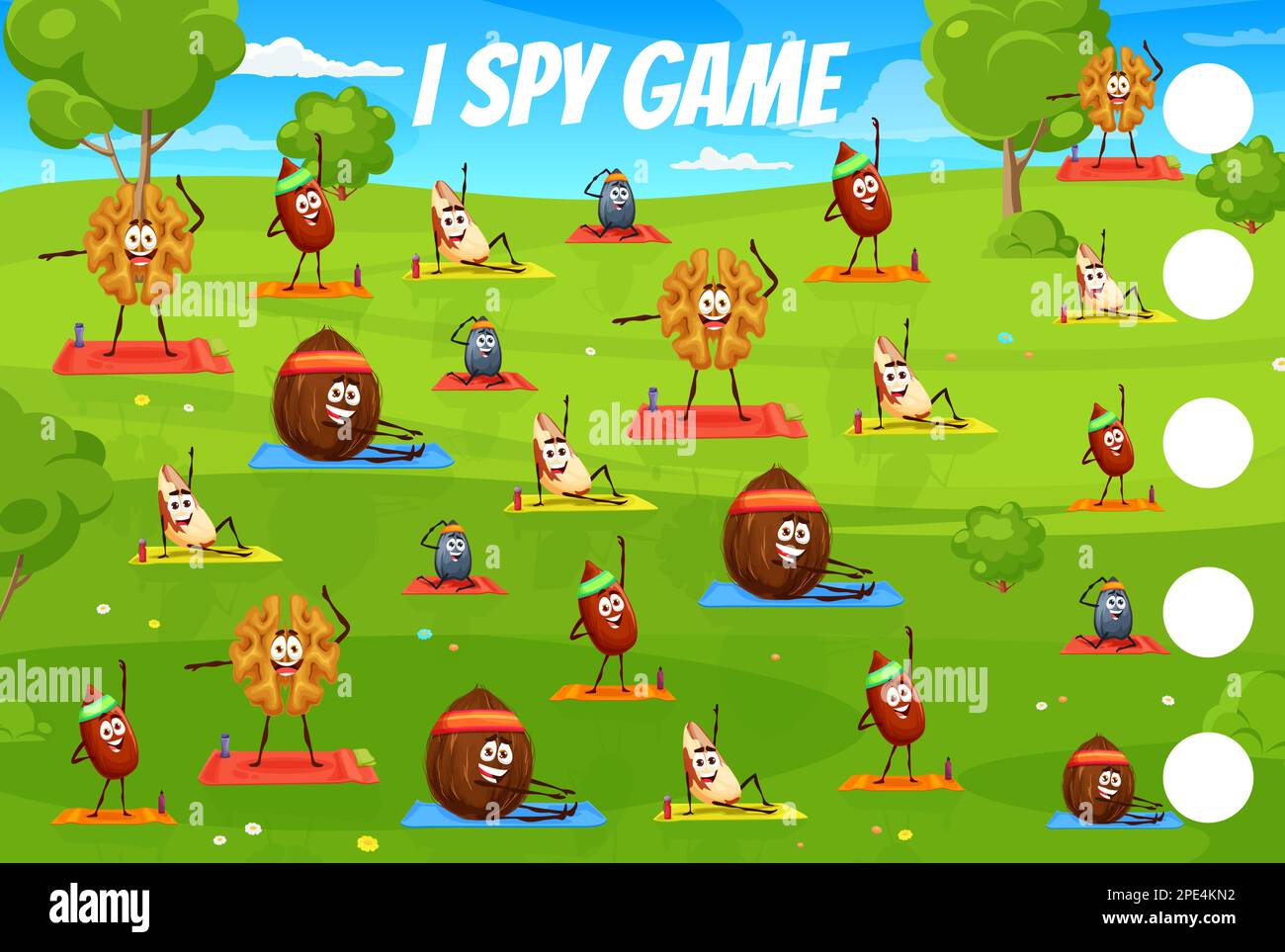 I spy game cartoon nuts characters on morning yoga fitness. Kid vector ...