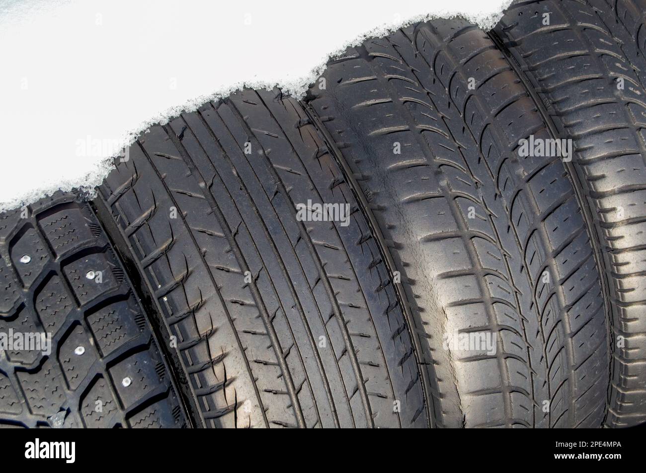 Winter tires covered by snow. Studded and friction tires Stock Photo ...