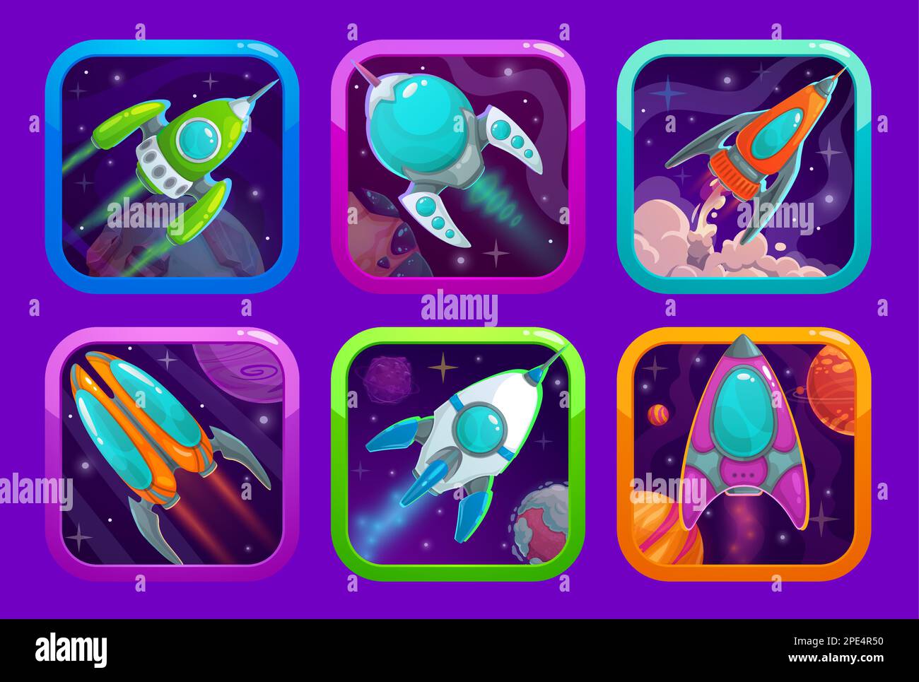 Cartoon space game app icons, spaceship rockets and galaxy starships ...