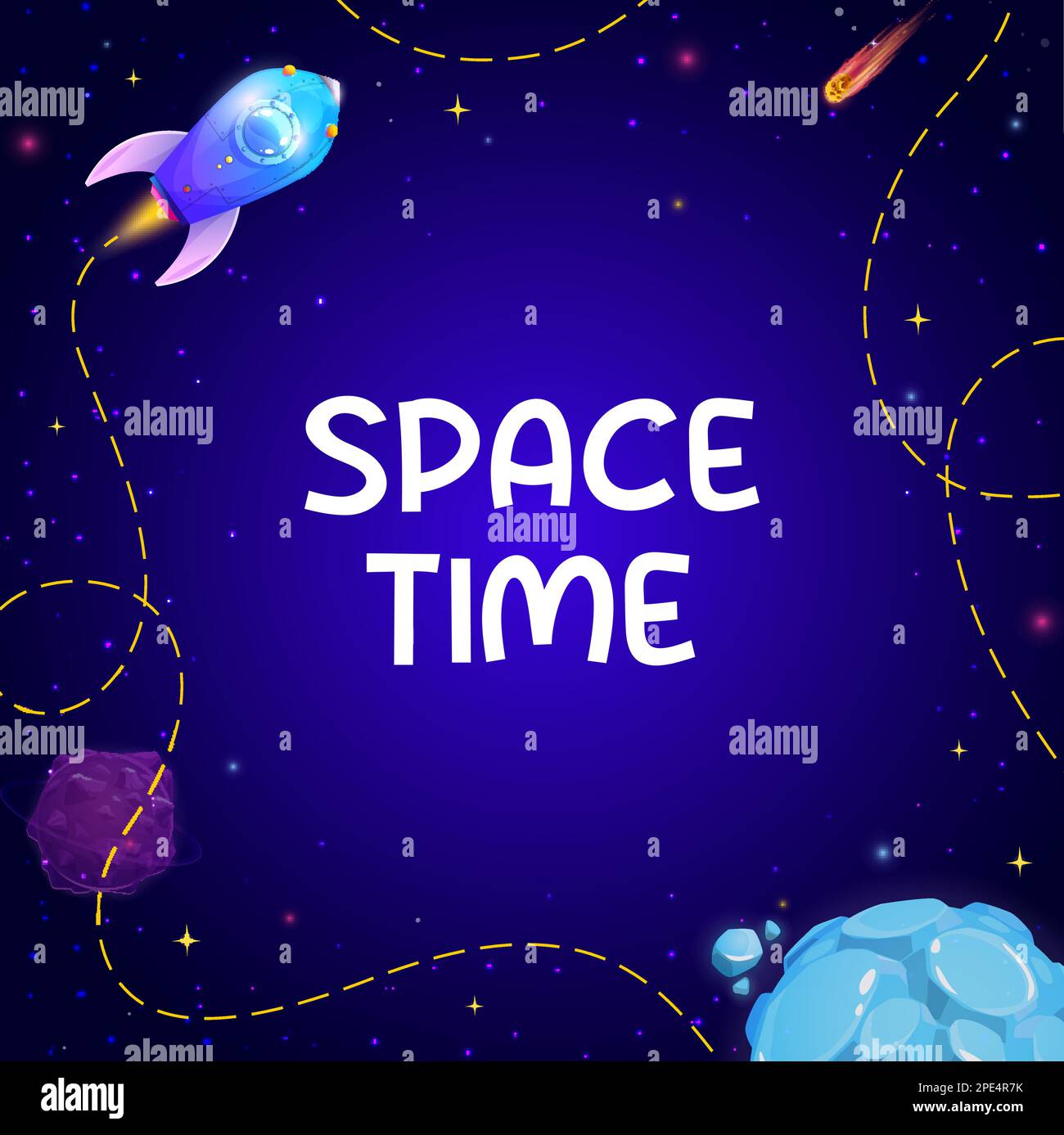Cartoon space background with rocket and stars. Vector fantasy planets ...