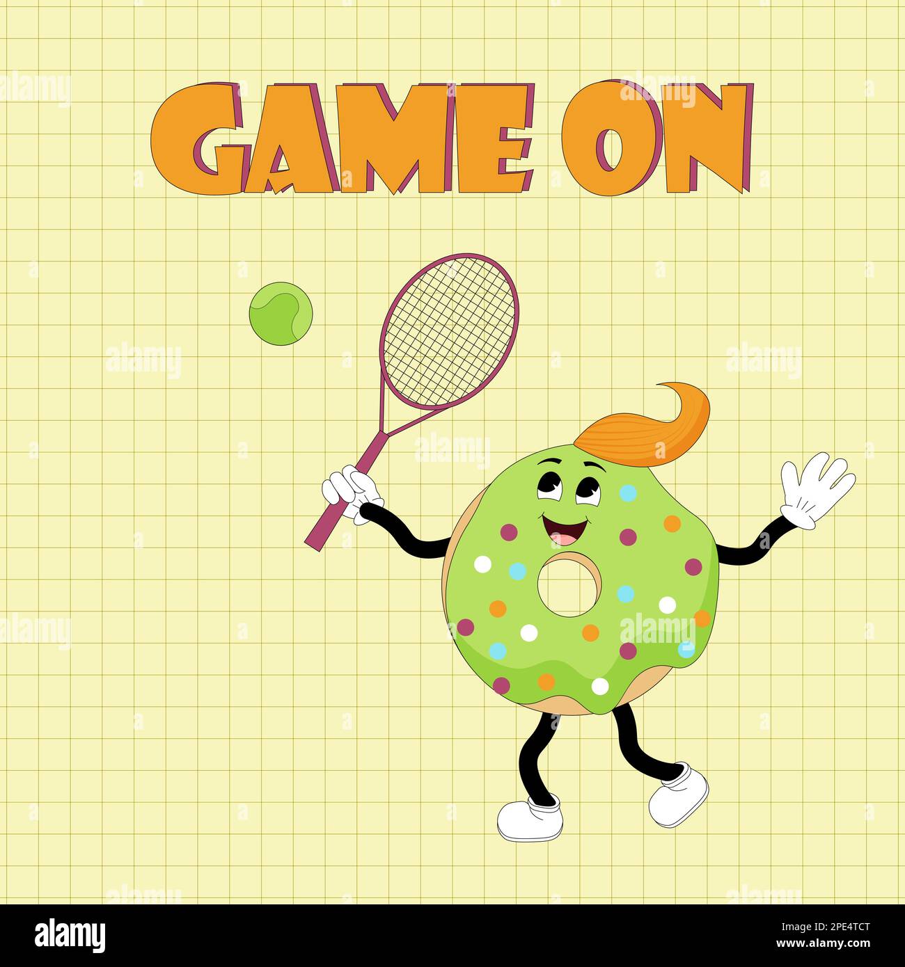 Postcard template - Game on. Cartoon character - donut with tennis ...