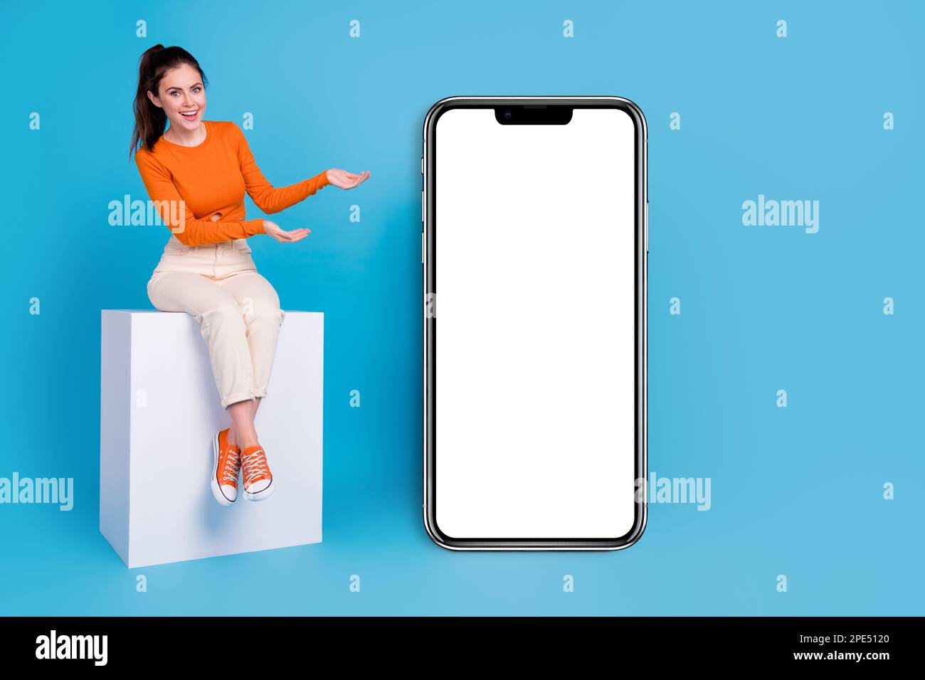 Full length image of adorable cheerful lady sitting podium present you ...