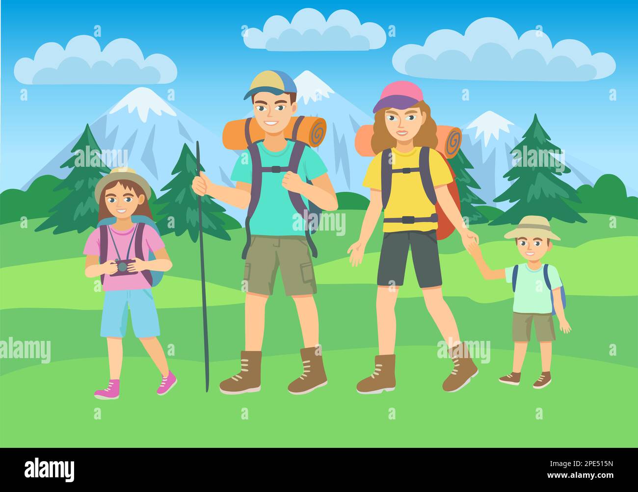 Man, woman and two kids hiking in outdoor mountain landscape. Cartoon ...