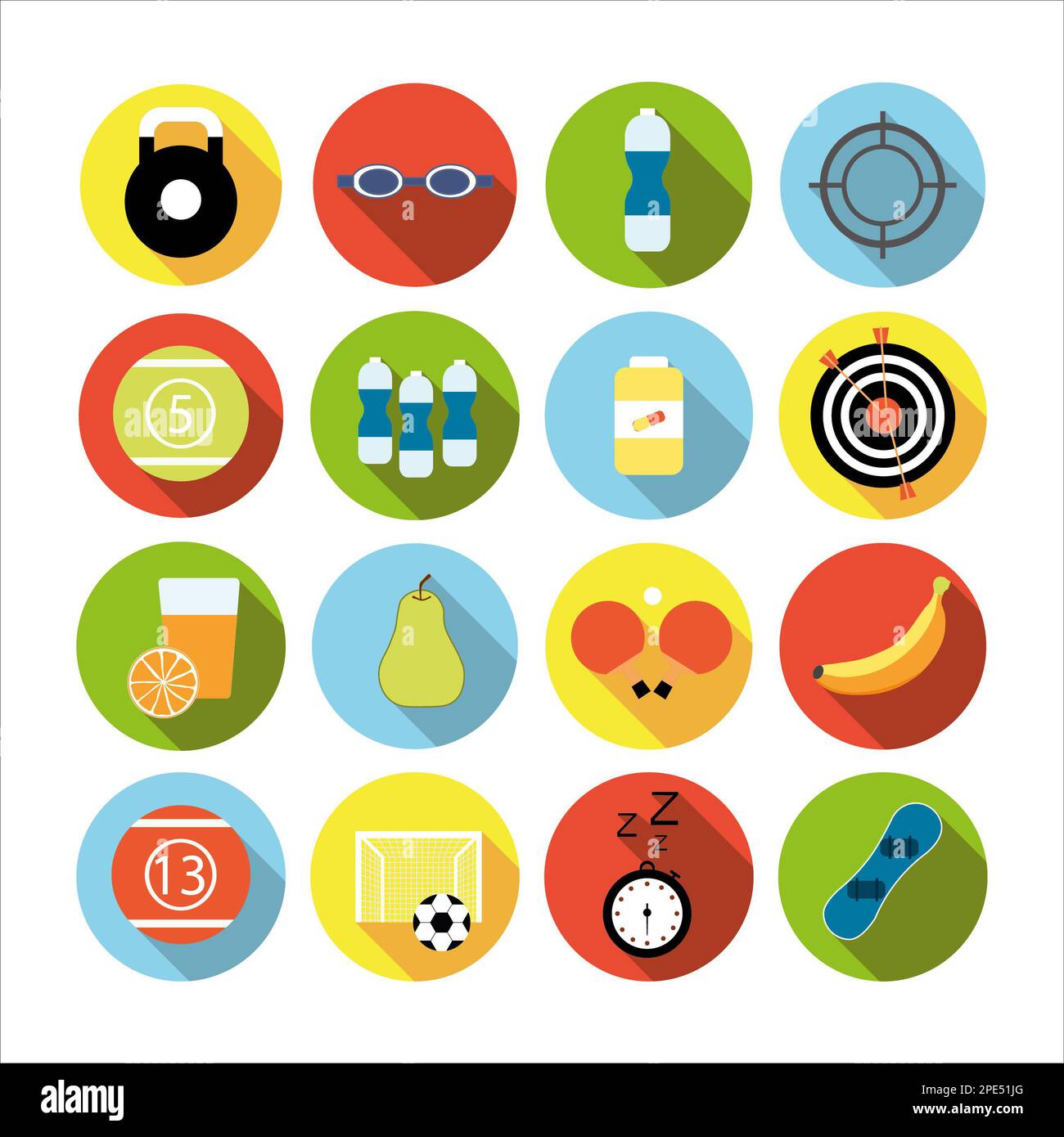 Collection of icons with different sports and healthy eating in flat ...