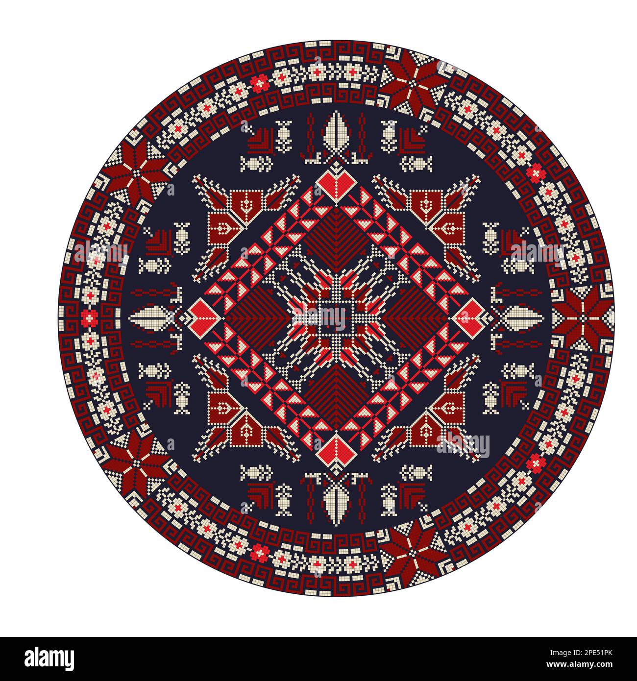 Decorative round Palestinian Tatreez design element over white ...