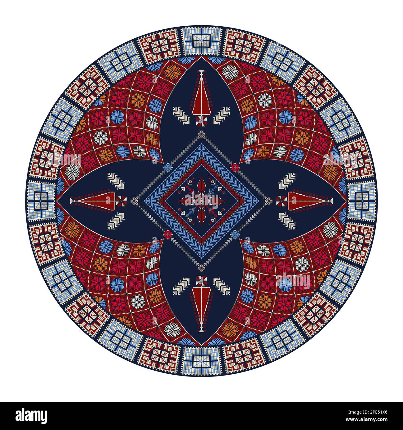 Decorative round Palestinian Tatreez design element over white ...