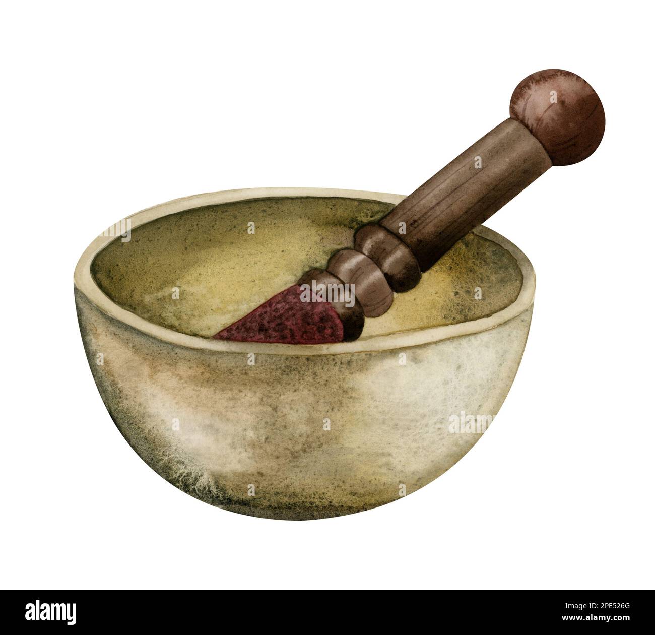 Watercolor bronze tibetan singing bowl with wooden stick, pestle. Sound ...