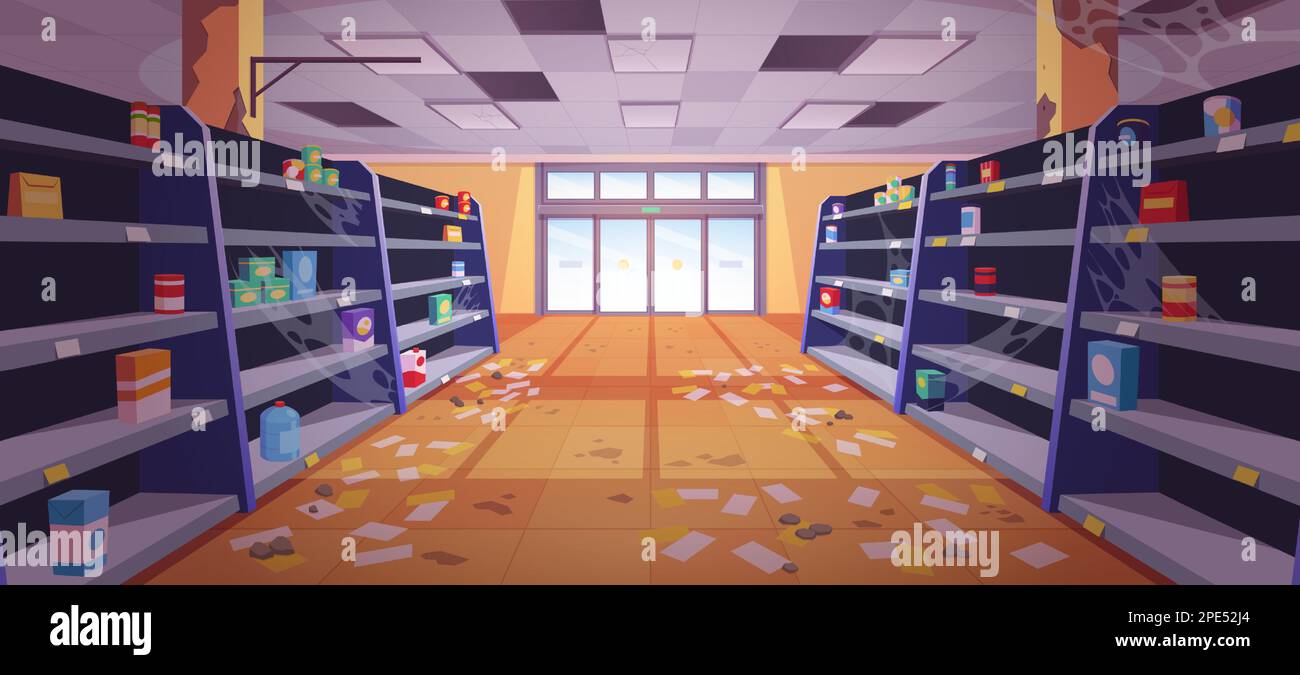 Abandoned supermarket aisle perspective view. Vector cartoon ...
