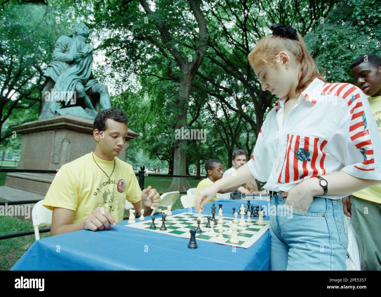 Judit Polgár, right, 15, the world's top woman chess player, makes a ...