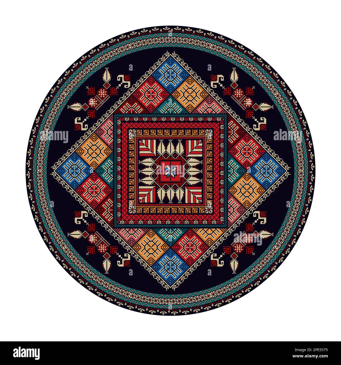 Decorative round Palestinian Tatreez design element over white ...