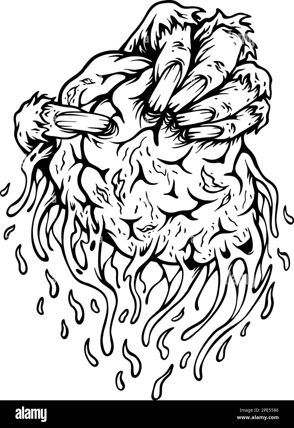 Spooky zombie hand holding monster brain silhouette vector ...