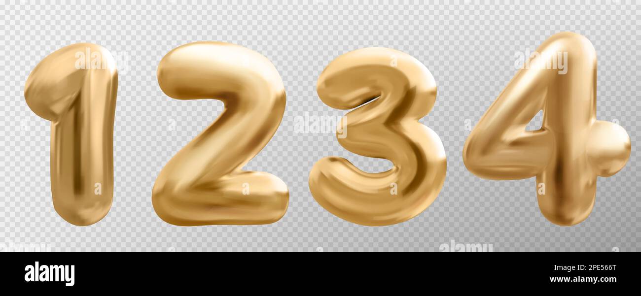 3d gold balloon number font, realistic isolated vector set. Golden ...