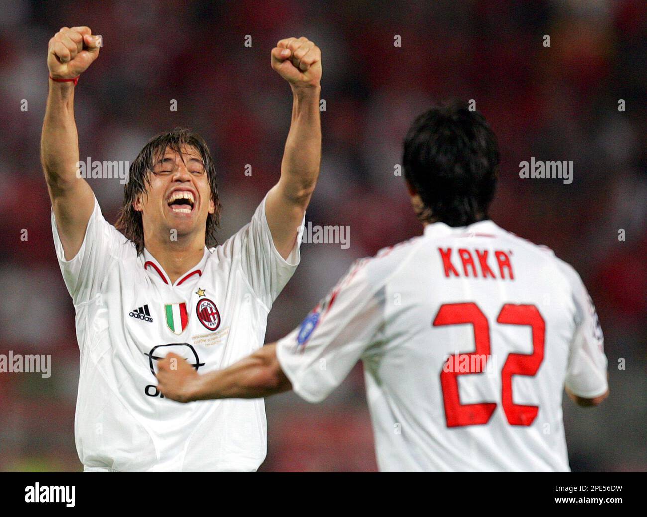 AC Milan's Hernan Crespo, left, celebrates with Kaka after scoring the ...