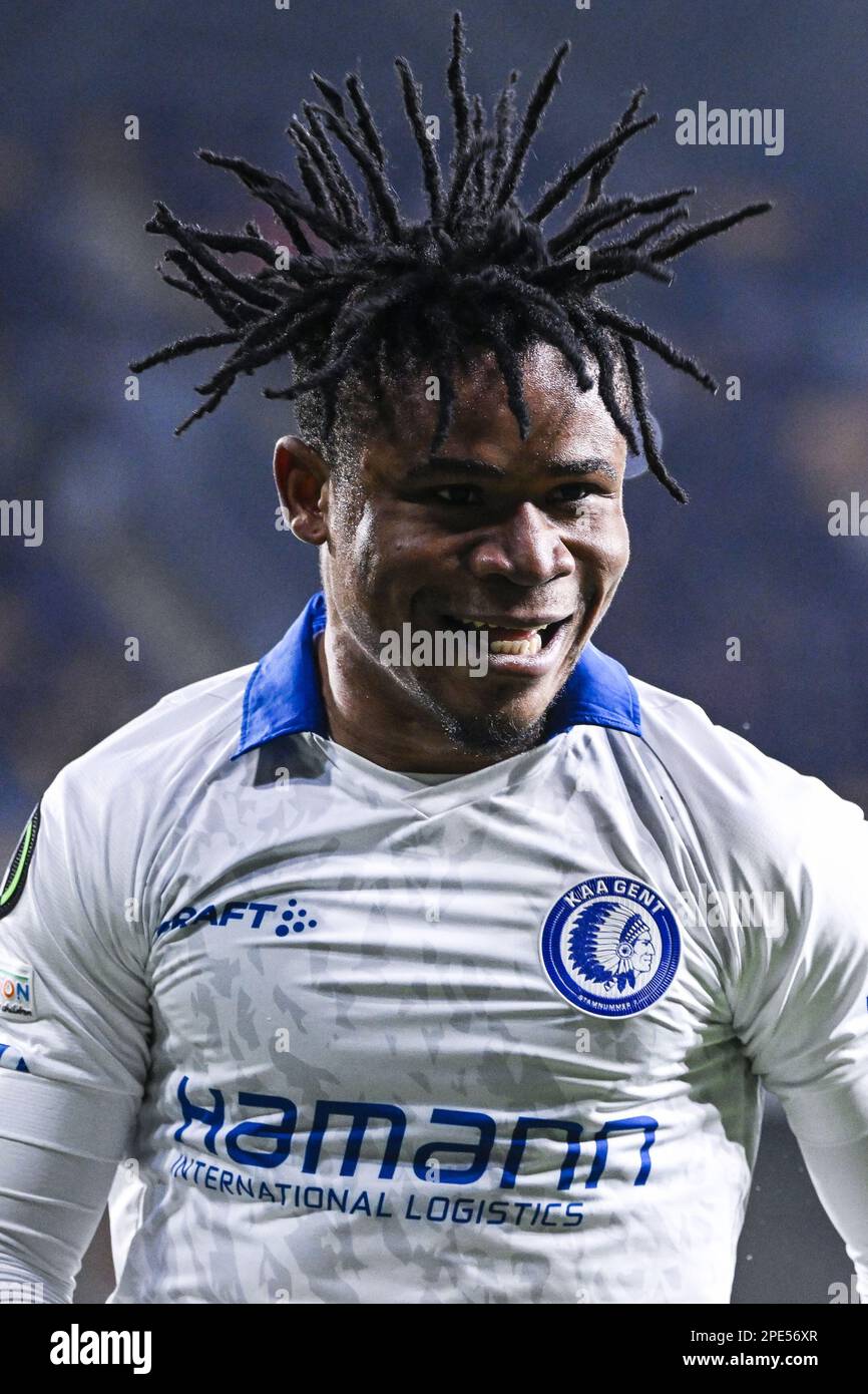 Gent's Gift Emmanuel Orban celebrates after scoring during a soccer ...