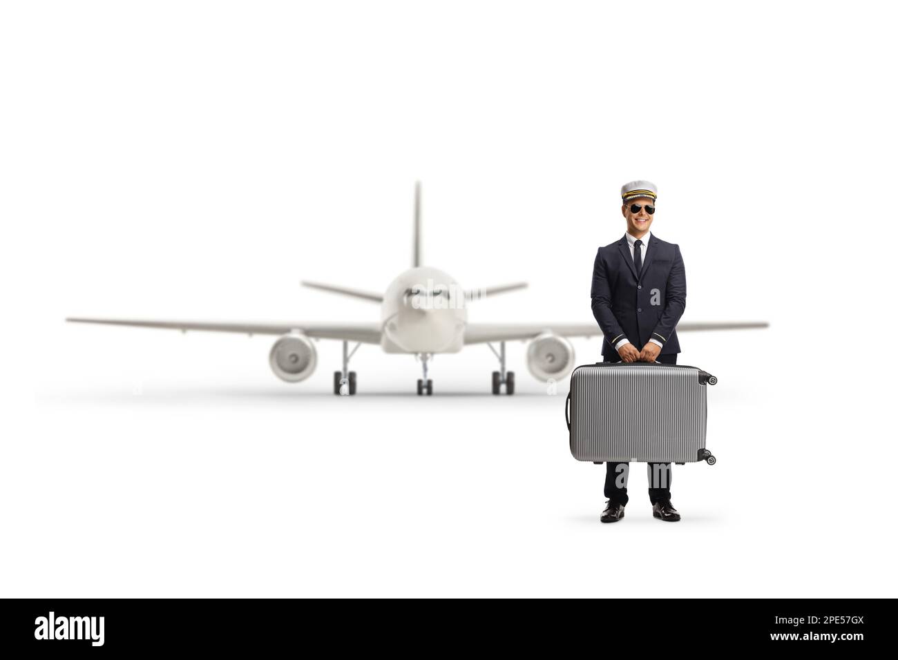 Pilot carrying a suitcase and standing in front of a plane isolated on ...