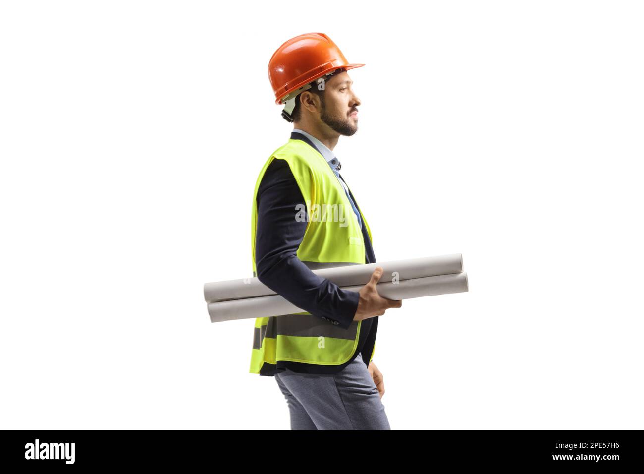 Male site engineer with a safety equipment carrying blueprints isolated ...