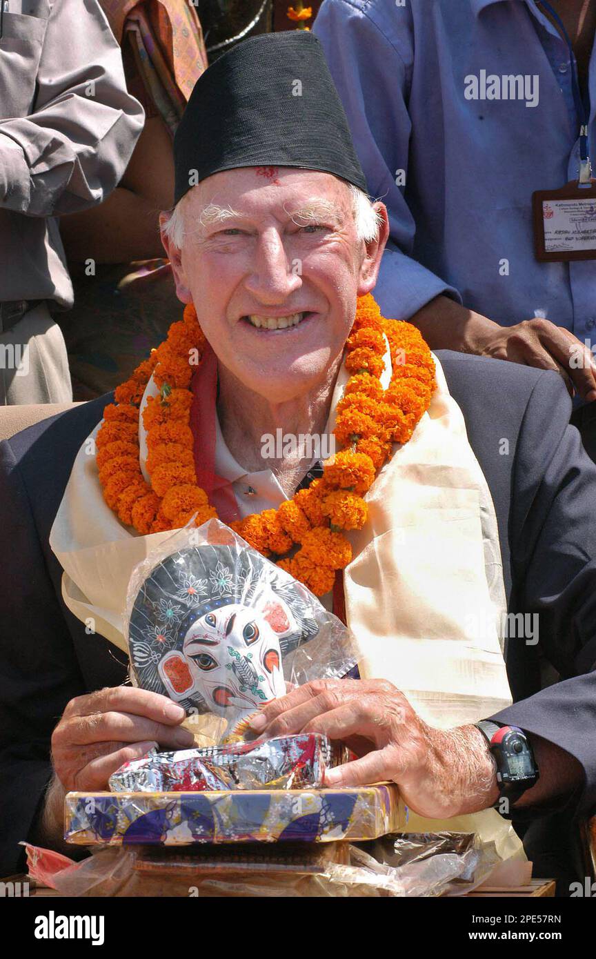 British mountaineer George Band looks on after being felicitated during ...