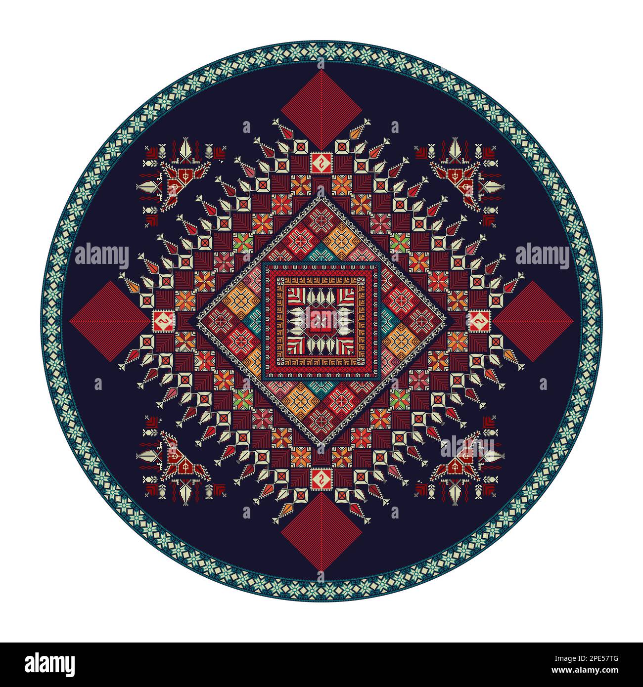 Decorative round Palestinian Tatreez design element over white ... Decorative round Palestinian Tatreez design element over white ...