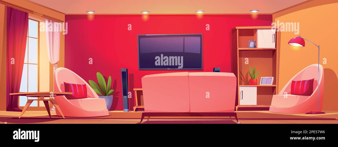 Living room interior with red wall, tv and couch, back view cartoon ...