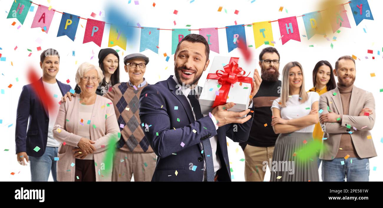 People at a birthday party and a host holding a gift box isolated on ...