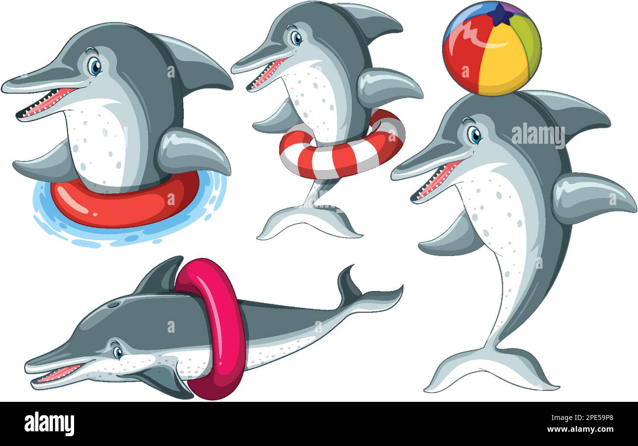 Cute Dolphin Cartoon Characters Collection illustration Stock Vector ...