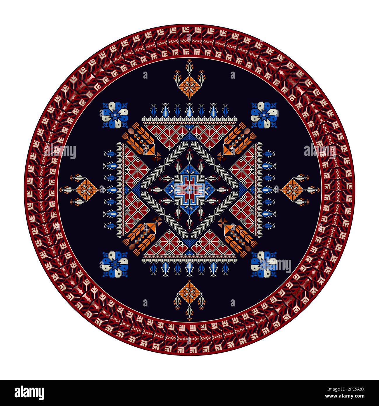 Decorative round Palestinian Tatreez design element over white ...