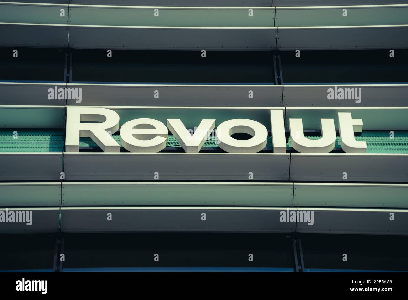 Revolut company logo signboard on modern office building in Vilnius ...