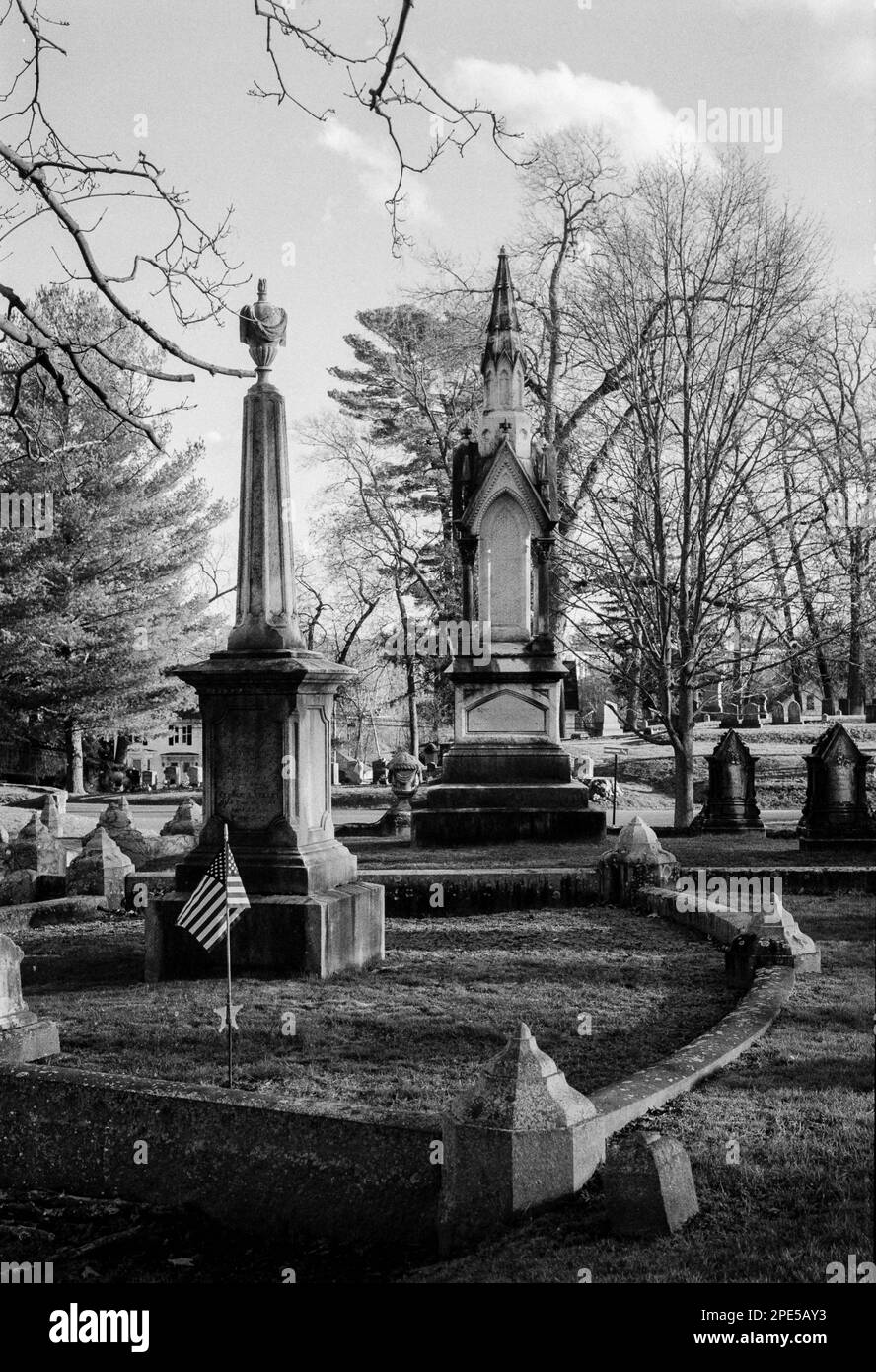 A large family plot with multiple concrete monuments from the Civil War ...