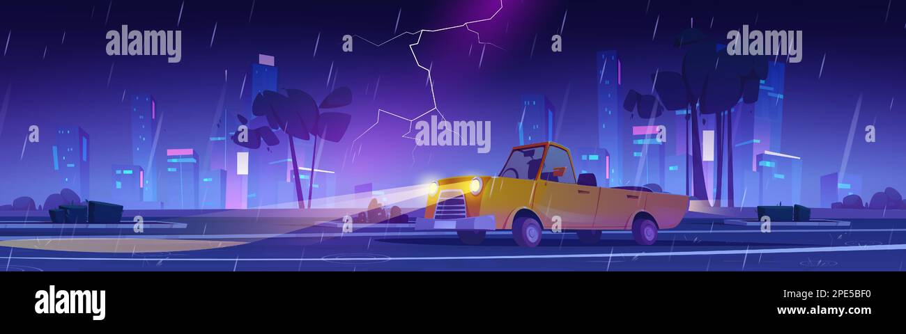 Car drive on city street in rain at night. Rainy weather, thunderstorm ...