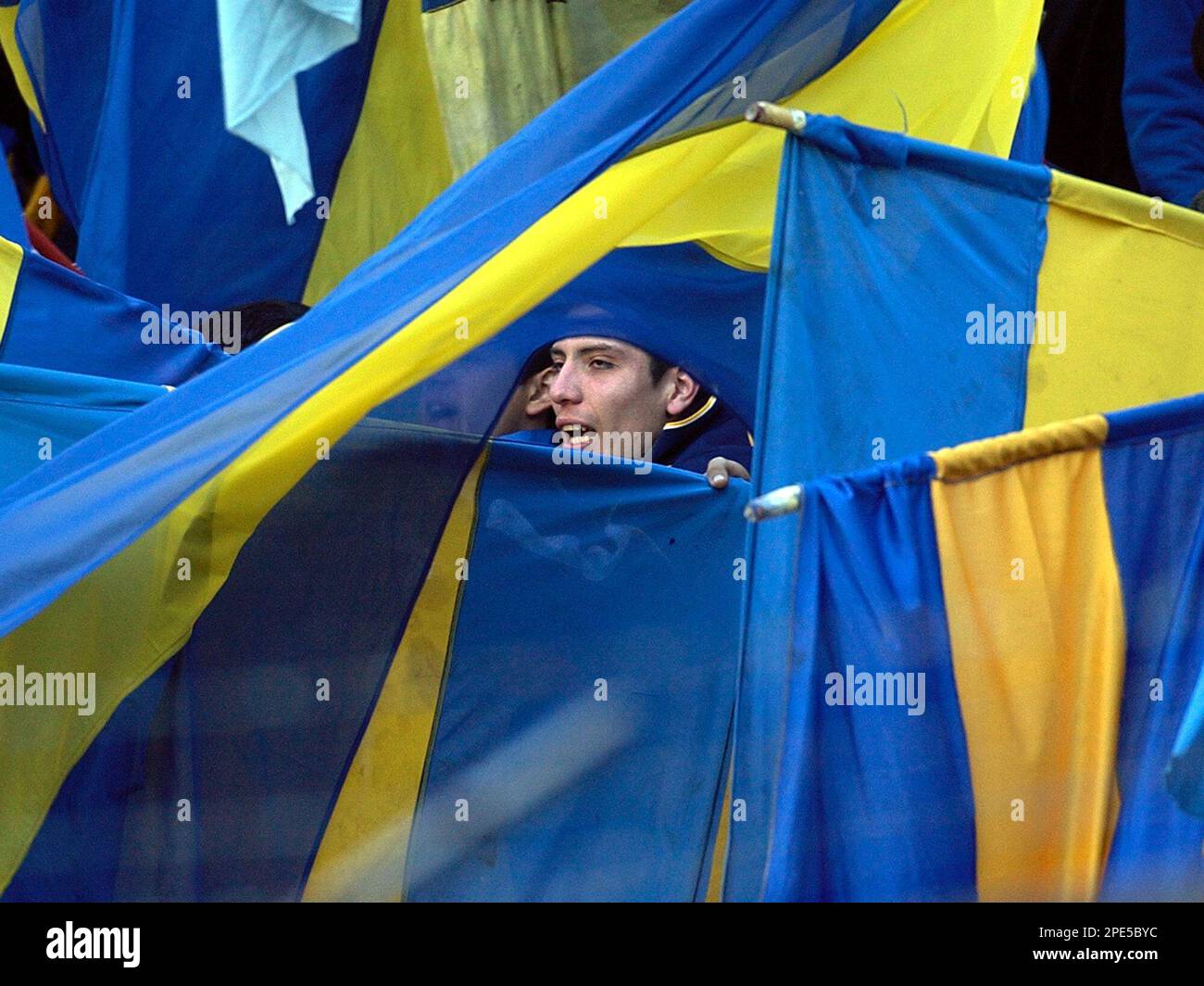 A fan of Boca Juniors covered by flags cheers his team during their ...