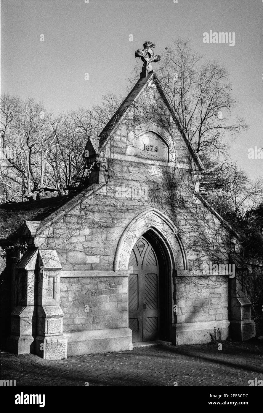A vintage creepy stone burial vault covered in vines with a dramatic ...