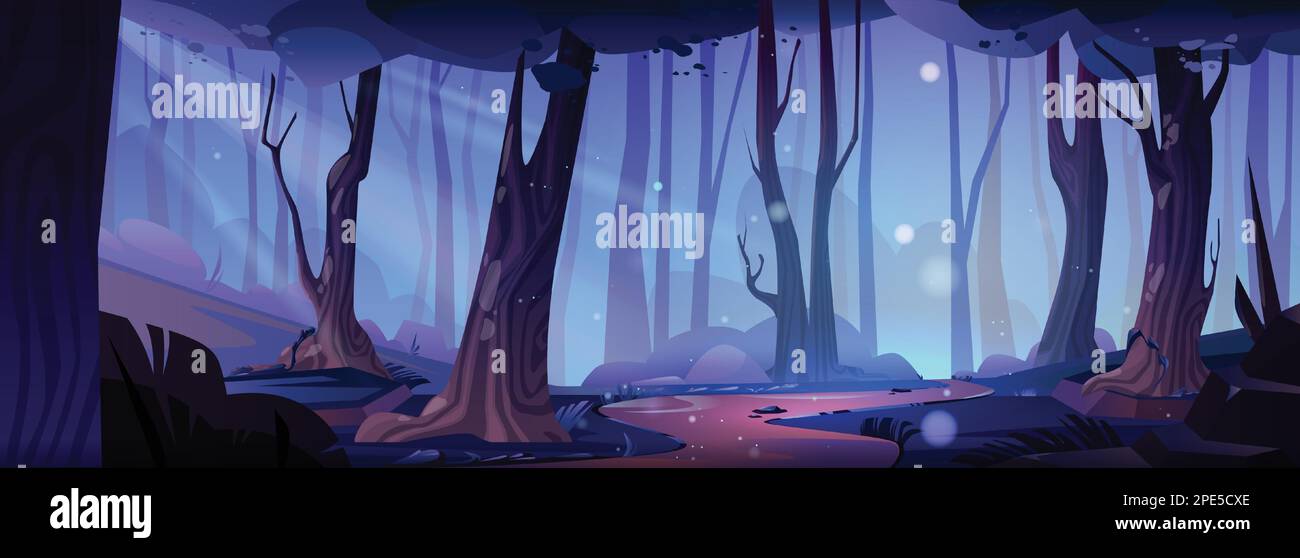 Path in forest at night cartoon vector landscape. Magic woodland ...