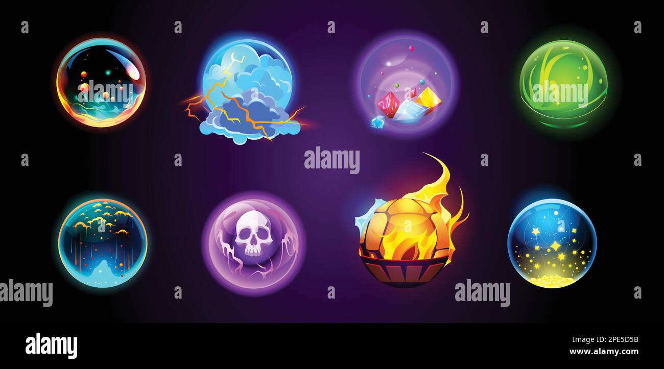 Cartoon set of magic fortune telling crystal balls on dark background ...