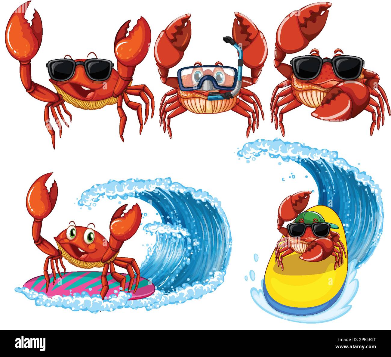 Funny Crab Cartoon Characters in Summer Theme illustration Stock Vector ...