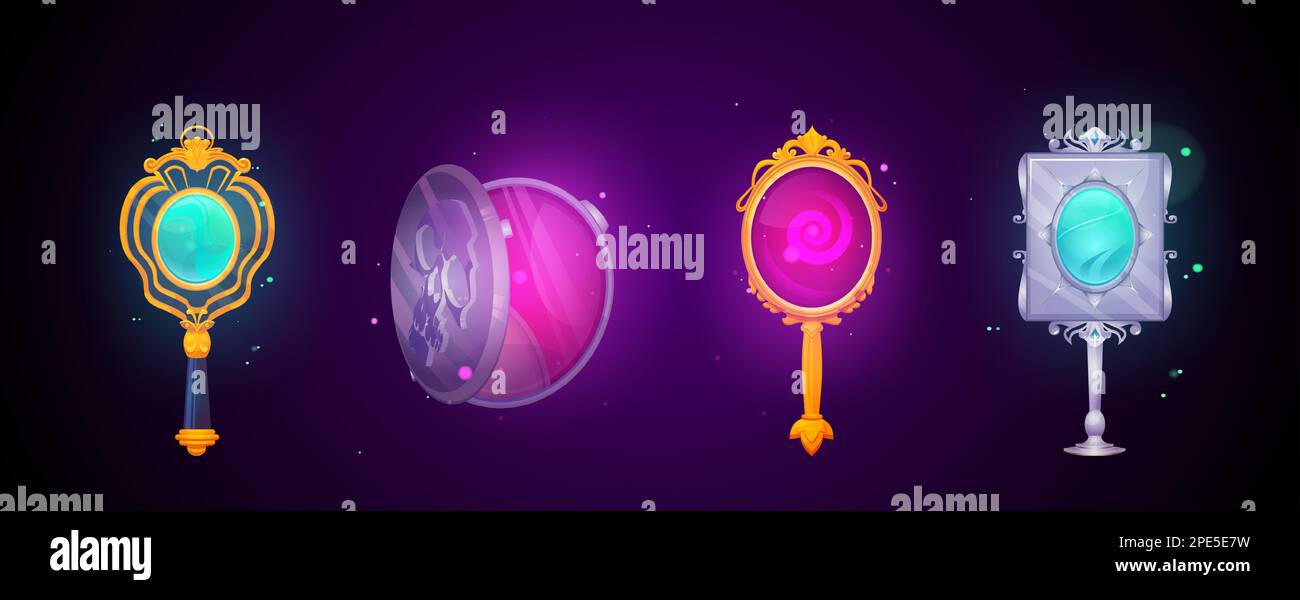 Magic mirrors with vintage silver and gold frames. Antique oval hand ...