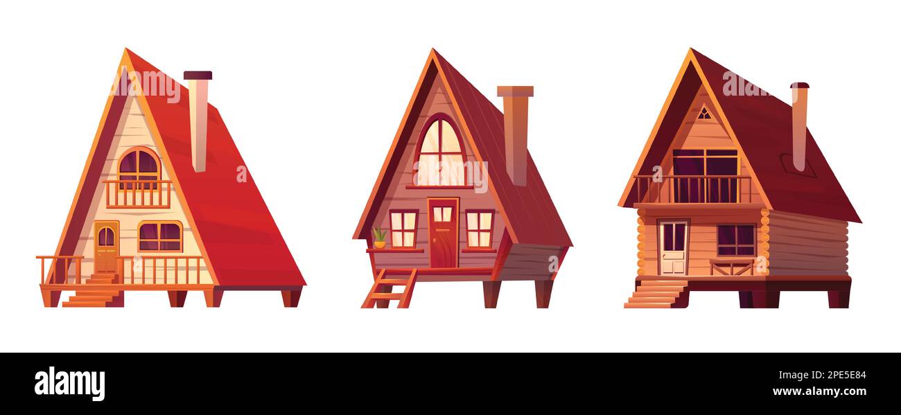 Cabins, wooden houses in forest, mountain village or camp. Small log ...