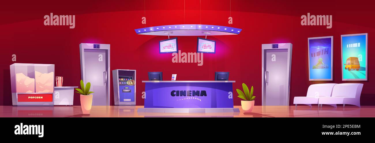 Cinema box office interior design. Vector cartoon illustration of large ...