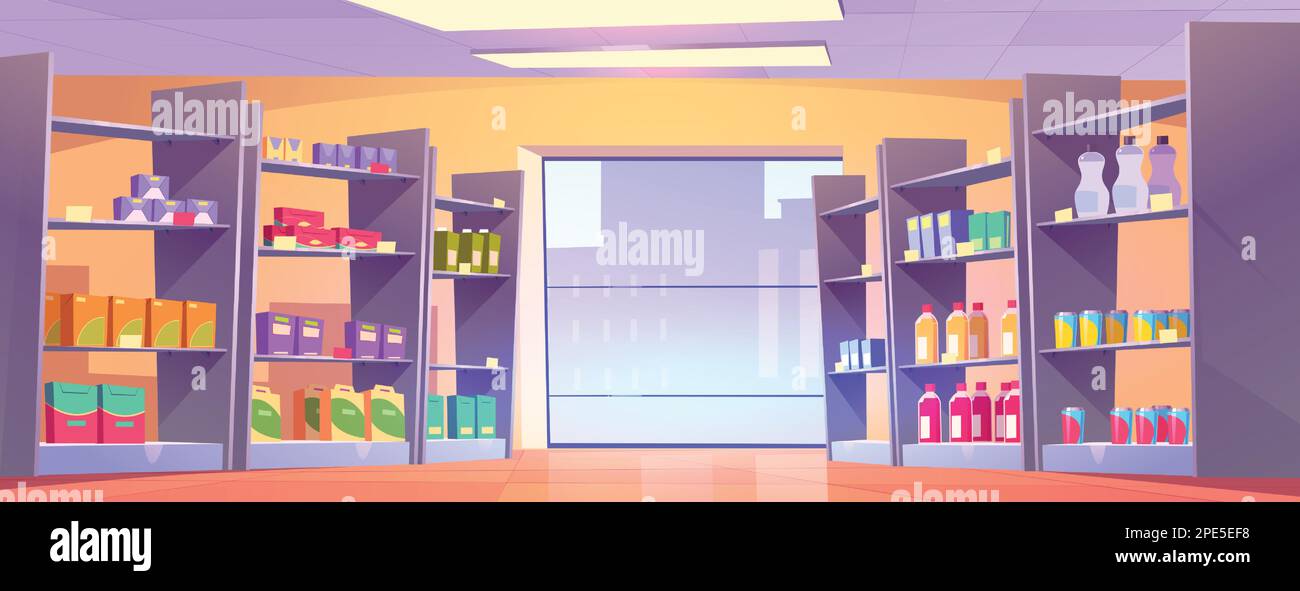 Cartoon supermarket aisle with large window. Vector illustration of ...