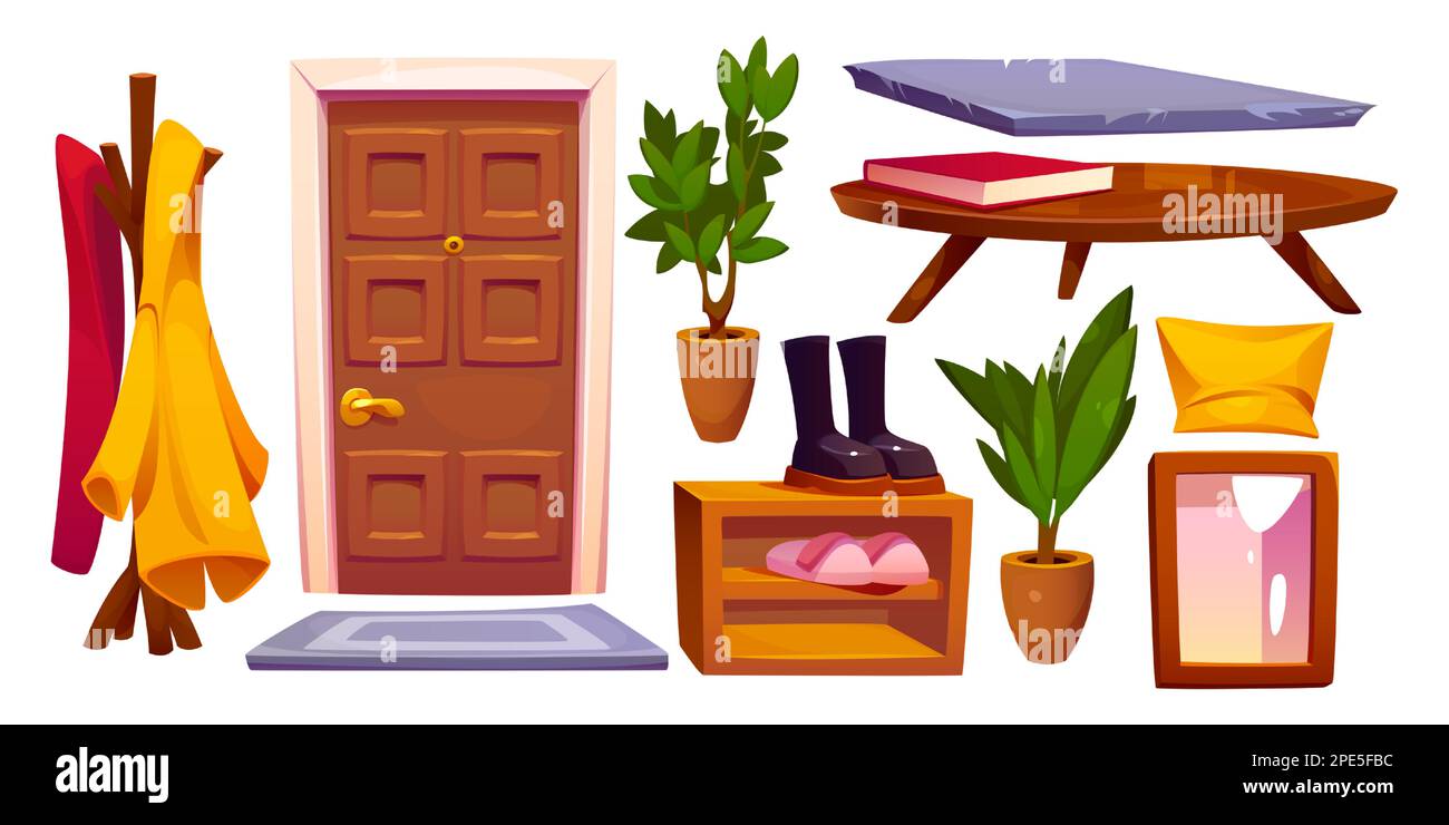 Cartoon set of house hallway interior elements isolated on white ...